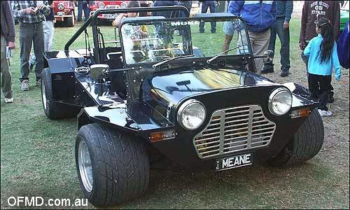 Oil stain garage: Mini Moke on insanely wide tires